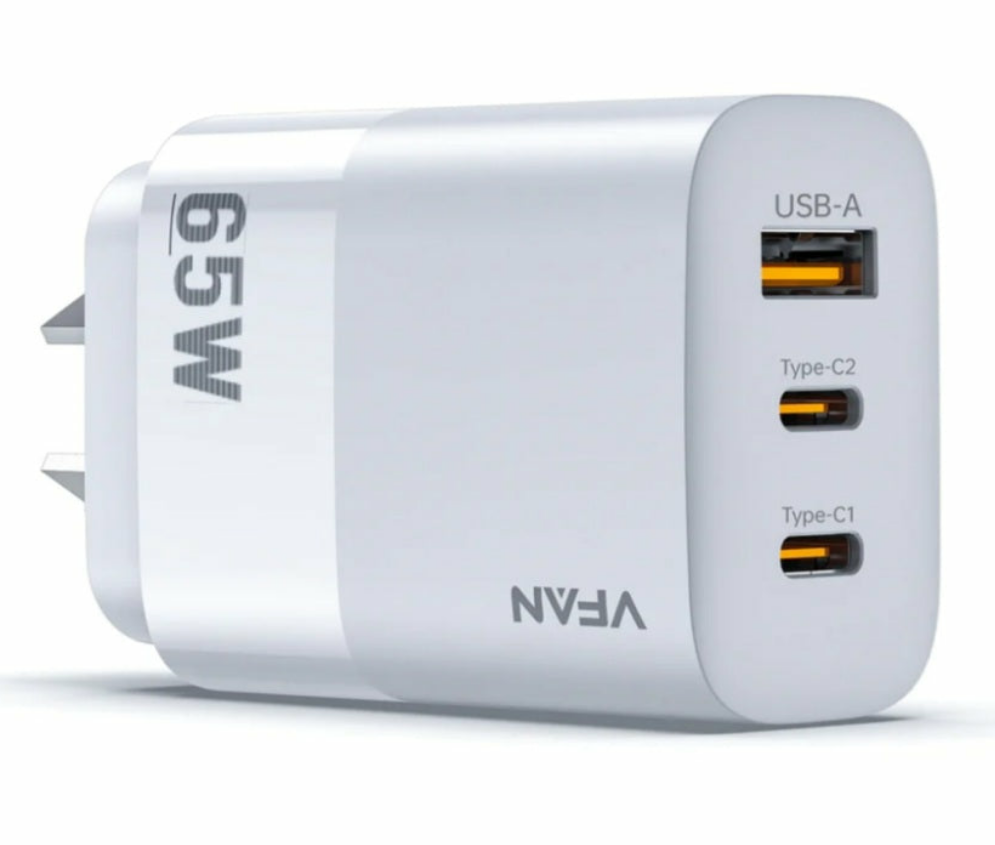 65W Ultra Fast Charger W/2 USB-C & USB-A (AU7), Wall Charger – The PC Hutt
